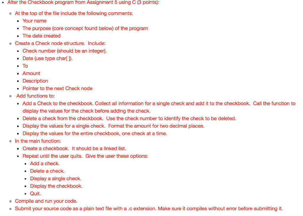 Solved Alter the Checkbook program from Assignment 5 using C | Chegg.com