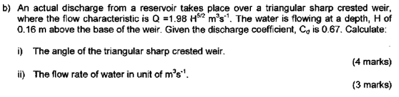 Solved b) An actual discharge from a reservoir takes place | Chegg.com