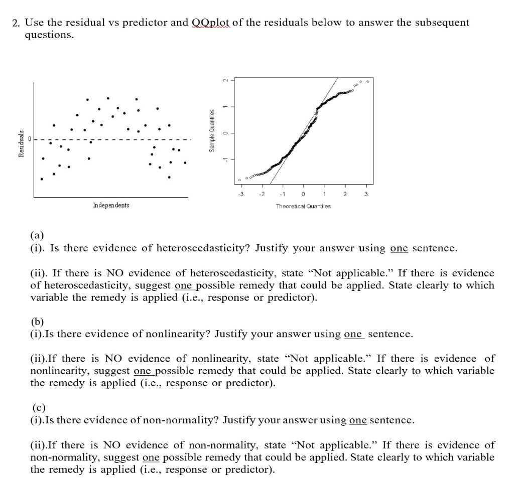 Solved 2. Use the residual vs predictor and QQplot of the | Chegg.com