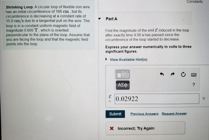 Solved Constants Part A Shrinking Loop. A circular loop of | Chegg.com
