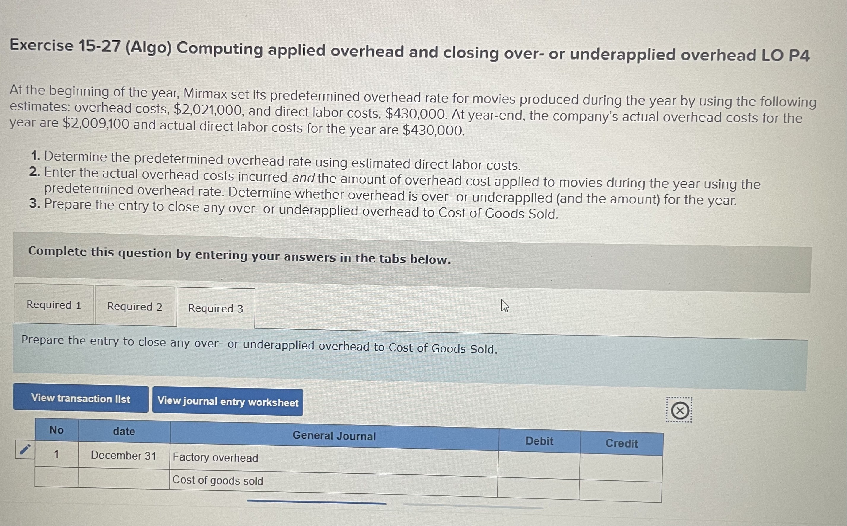 Solved Exercise 15-27 (Algo) ﻿Computing applied overhead and | Chegg.com