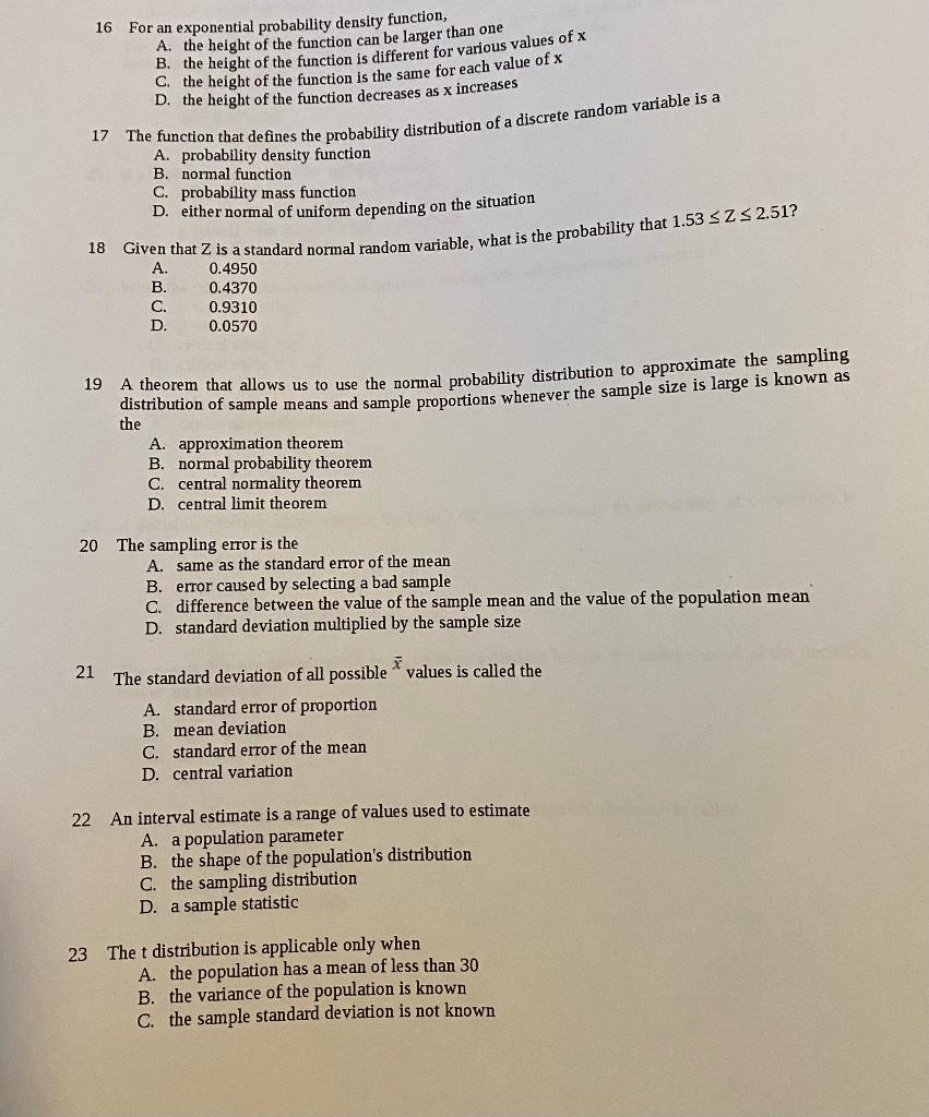 Solved 16 For an exponential probability density function, | Chegg.com