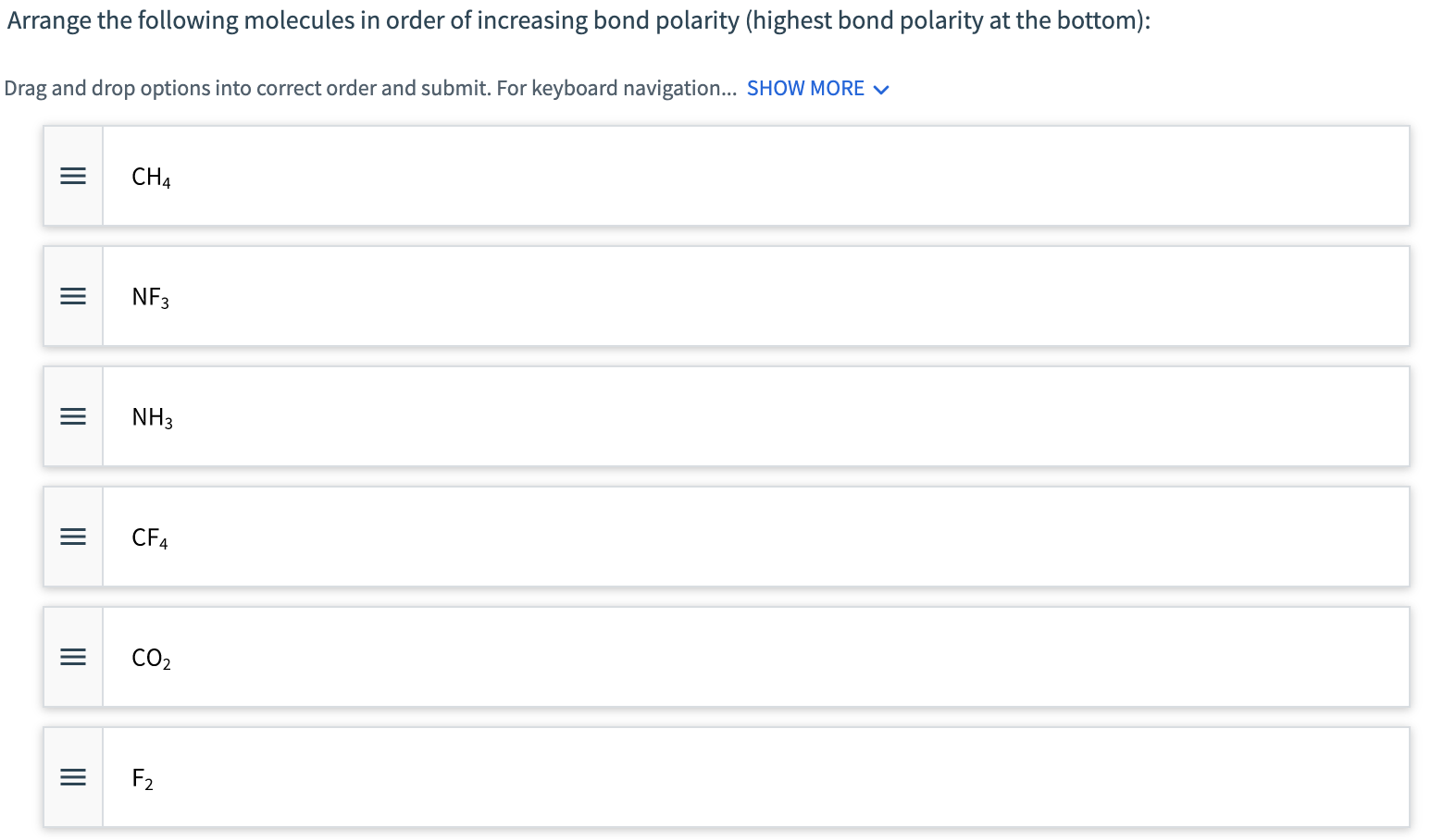 Solved Arrange the following molecules in order of | Chegg.com