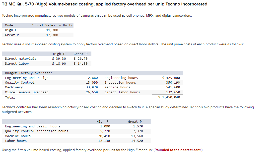 Solved TB MC Qu. 5-70 (Algo) Volume-based costing, applied | Chegg.com
