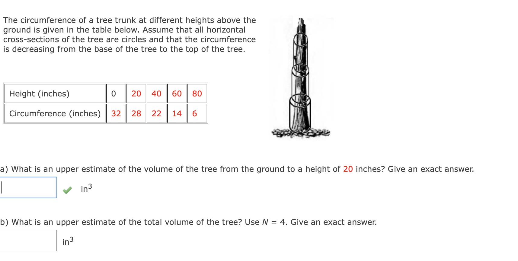 Solved The circumference of a tree trunk at different | Chegg.com