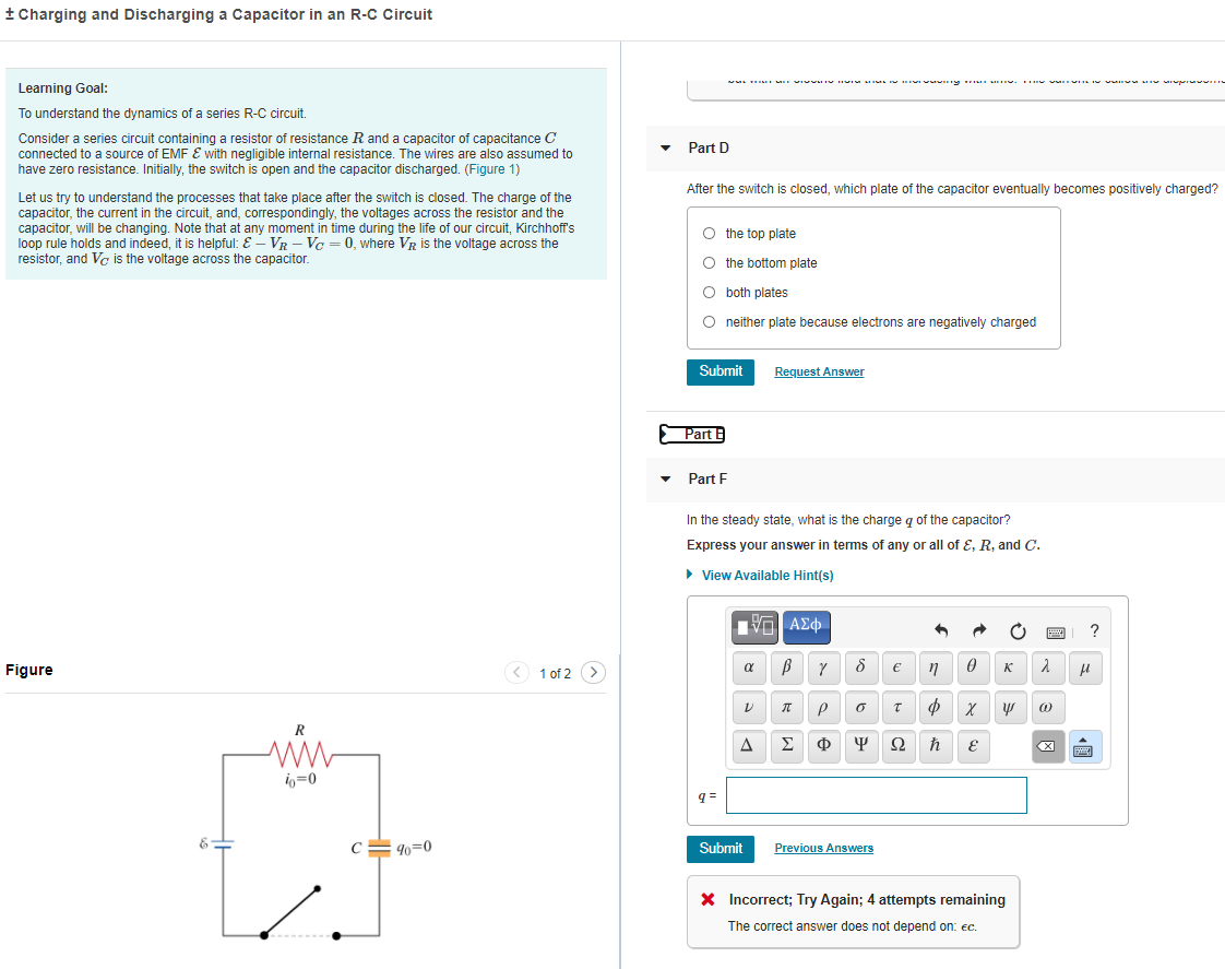 Solved + Charging and Discharging a Capacitor in an R-C | Chegg.com