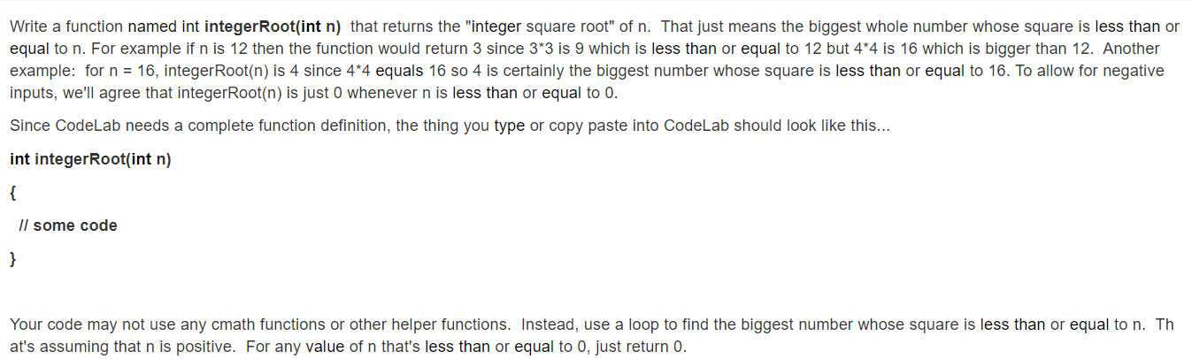 Solved Write a function named int integerRoot(int n ) that | Chegg.com