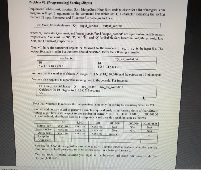 Solved Problem #5. (Programming) Sorting (30 pts) Implement | Chegg.com