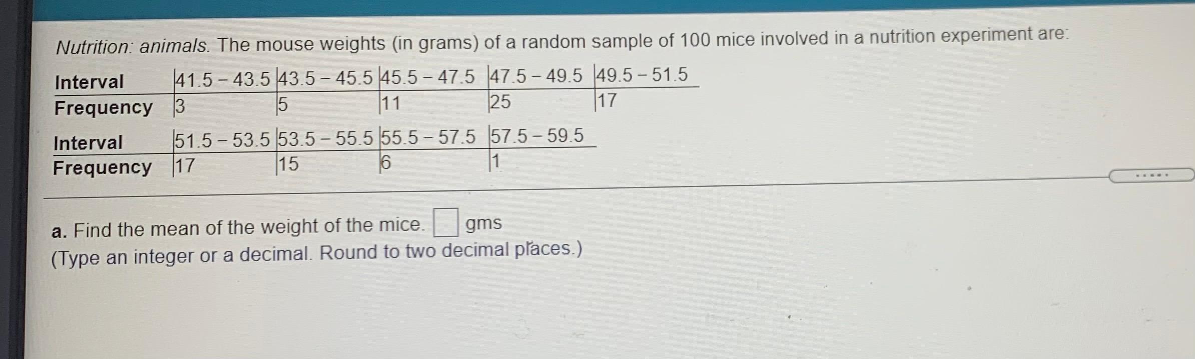 Solved Nutrition: animals. The mouse weights (in grams) of a | Chegg.com