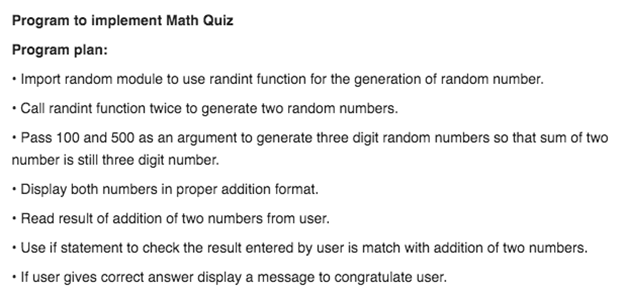 Solved Program to implement Math Quiz Program plan: • Import | Chegg.com