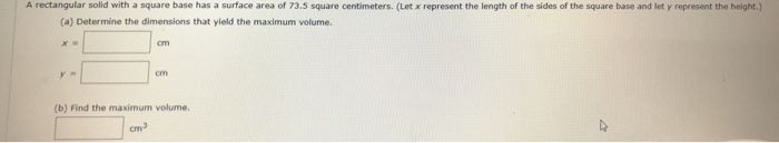 Solved A rectangular solid with a square base has a surface | Chegg.com