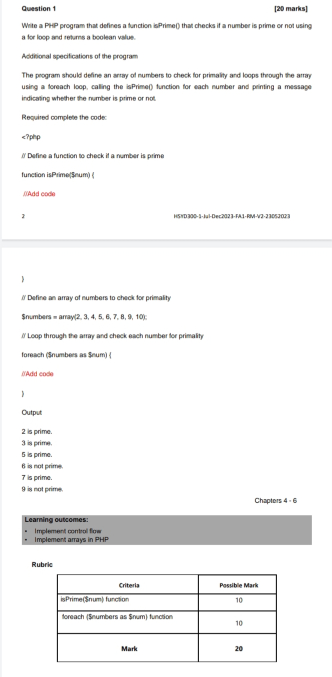 Solved Question 1 [20 marks] Write a PHP program that | Chegg.com