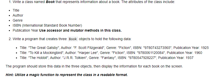 Solved 1. Write a class named Book that represents | Chegg.com