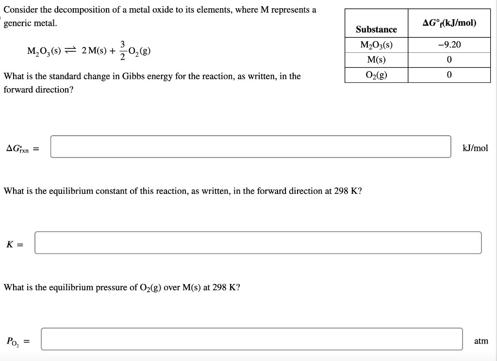 Solved Consider the decomposition of a metal oxide to its | Chegg.com
