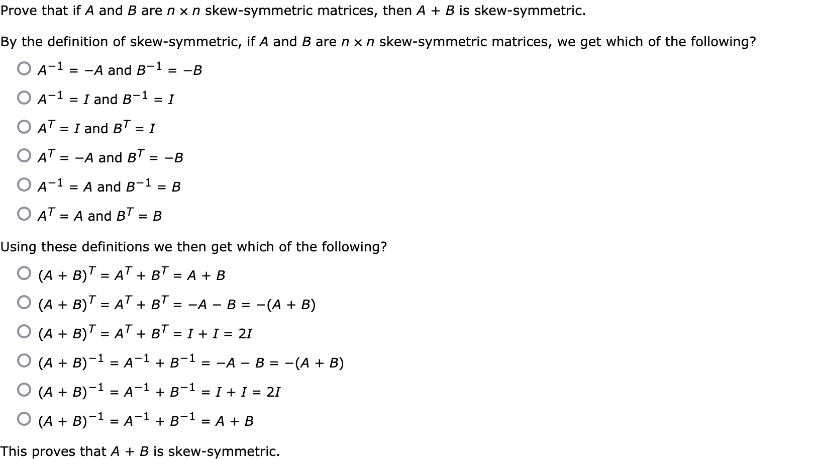 Solved Prove that if A and B are n×n skew-symmetric | Chegg.com