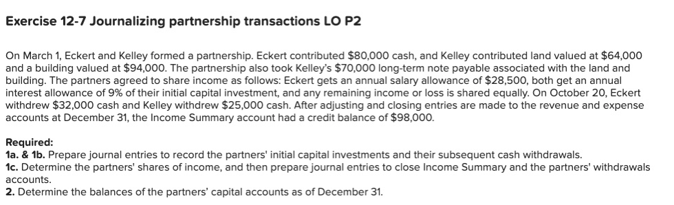 Solved Exercise 12-7 Journalizing partnership transactions | Chegg.com