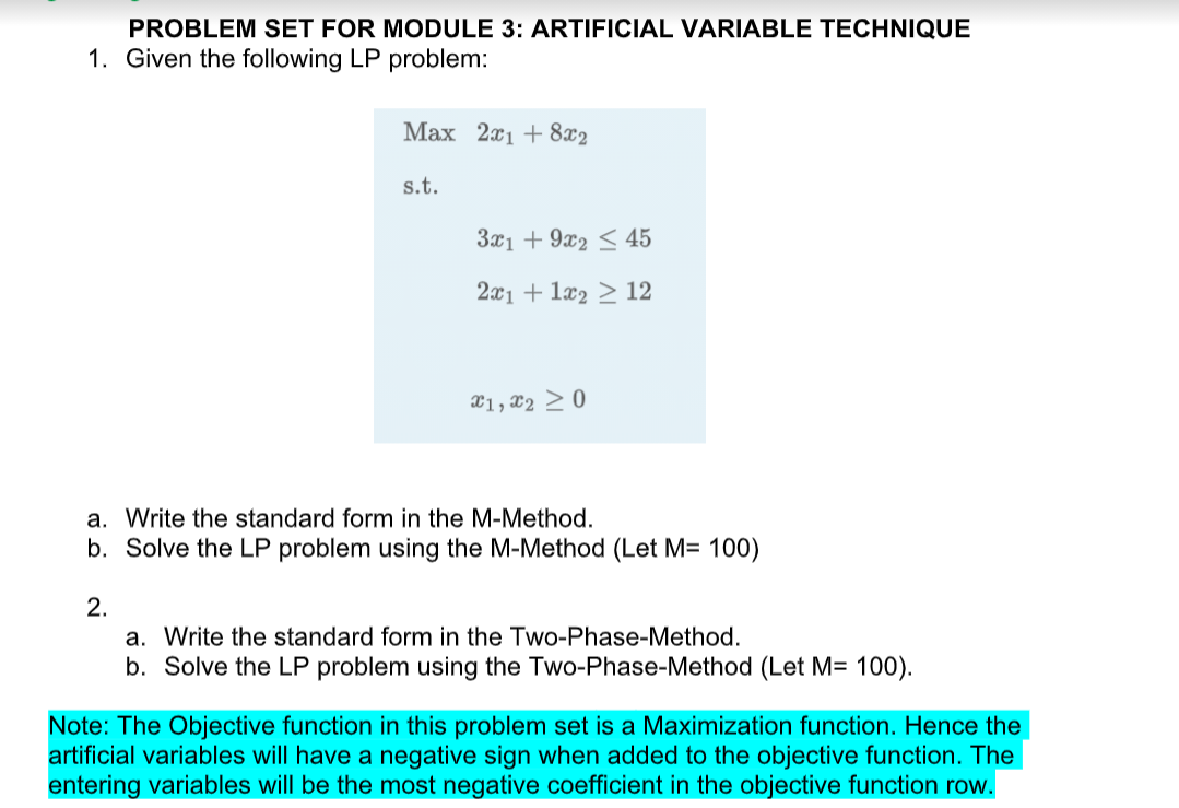 Solved PROBLEM SET FOR MODULE 3: ARTIFICIAL VARIABLE | Chegg.com