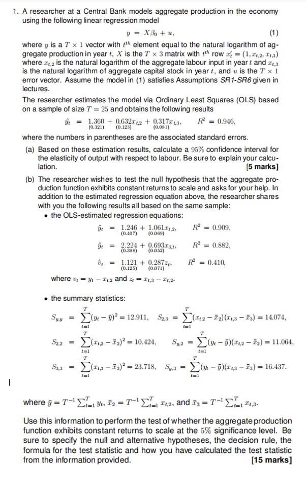 1. A researcher at a Central Bank models aggregate | Chegg.com