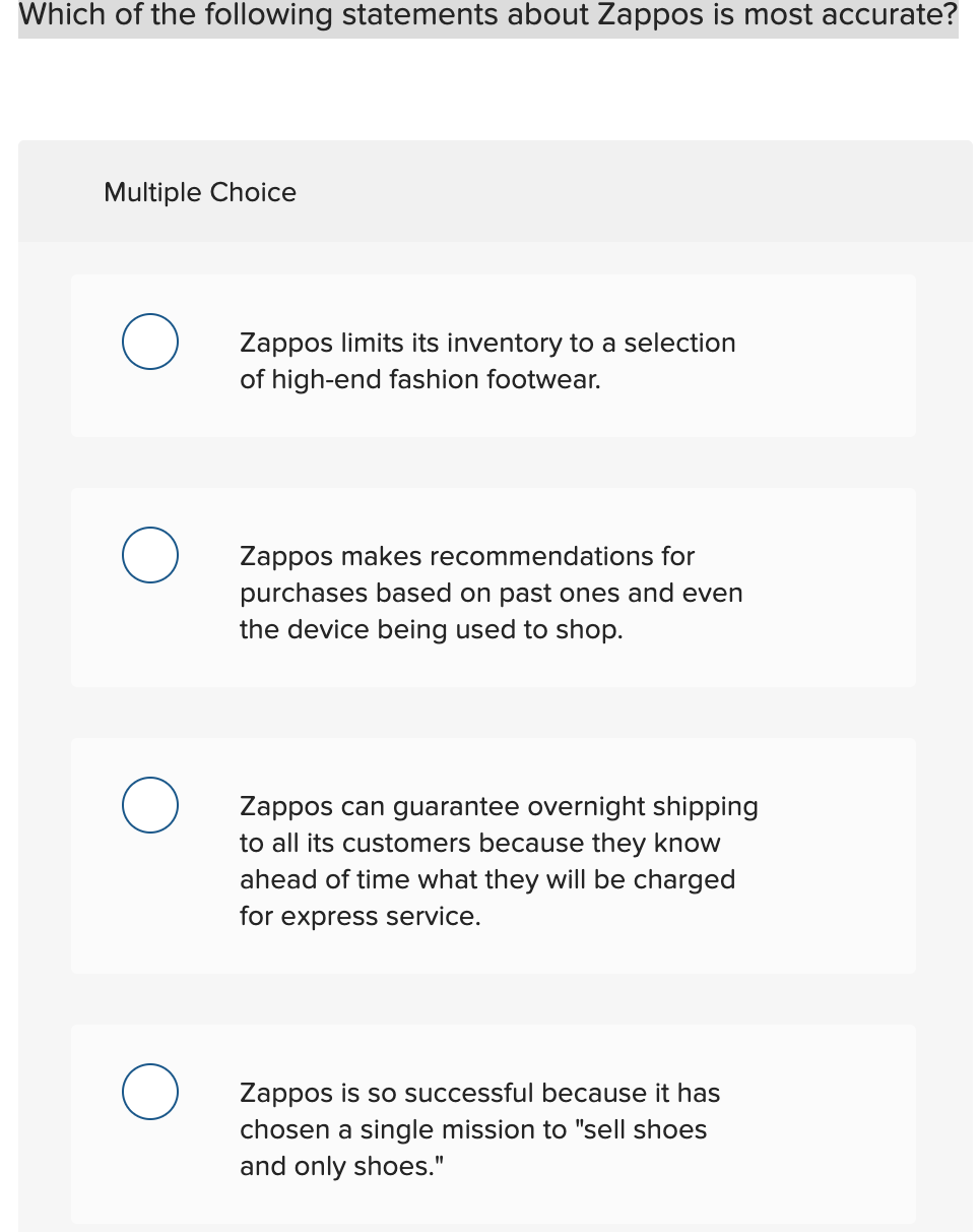 Solved Which of the following statements about Zappos is | Chegg.com