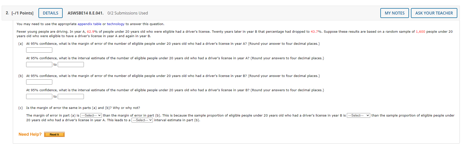 Solved 2. [-/1 Points] DETAILS ASWSBE14 8.E.041. 0/2 | Chegg.com