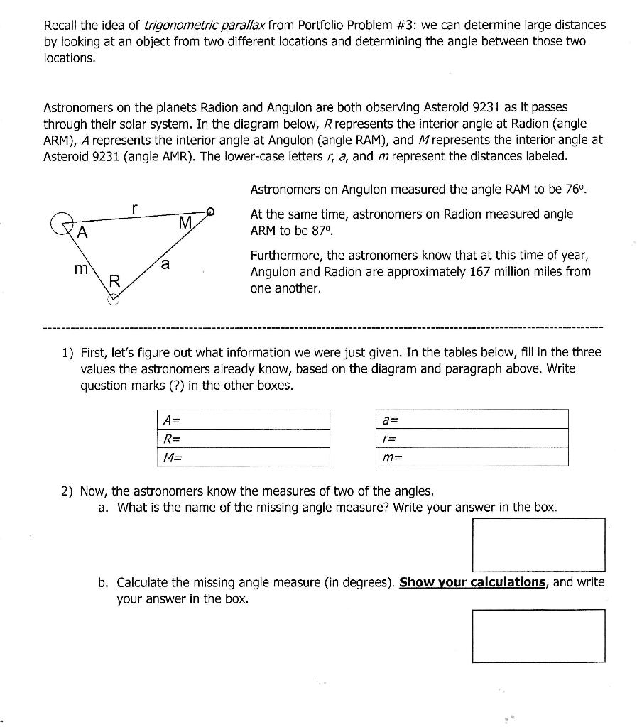 Solved Recall the idea of trigonometric parallax from | Chegg.com