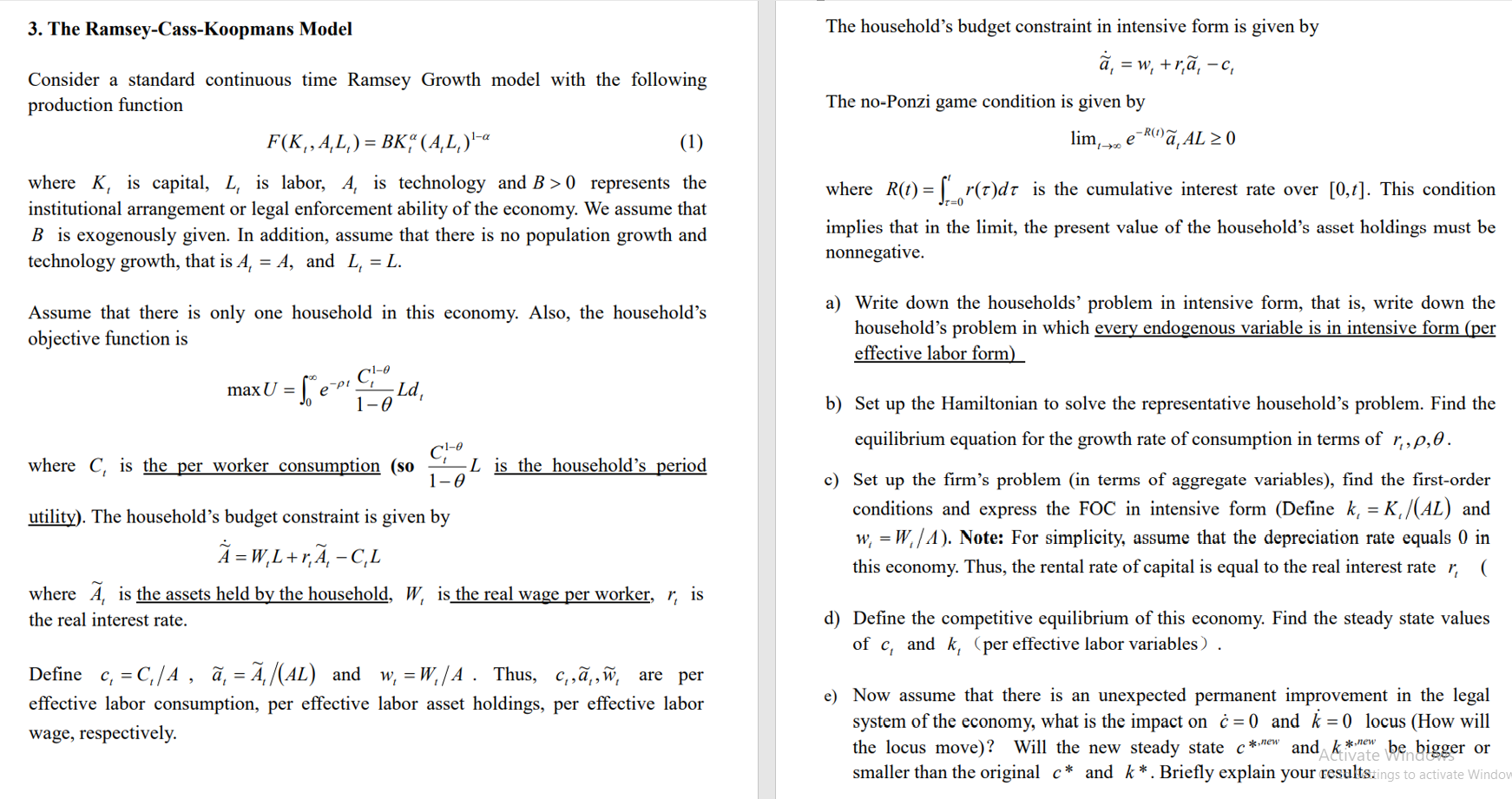 3. The Ramsey-Cass-Koopmans Model The household's | Chegg.com