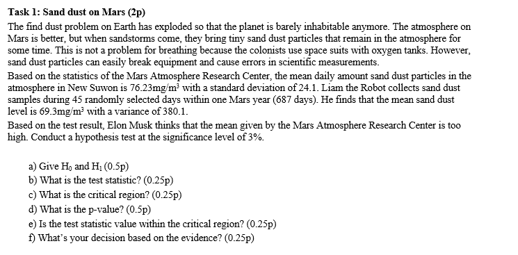 Solved Task 5: Errors and power for sand dust (1.5p) For | Chegg.com