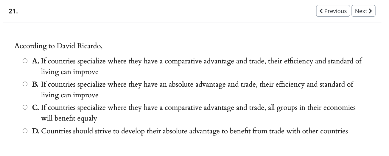 Solved According to David Ricardo, A. If countries | Chegg.com
