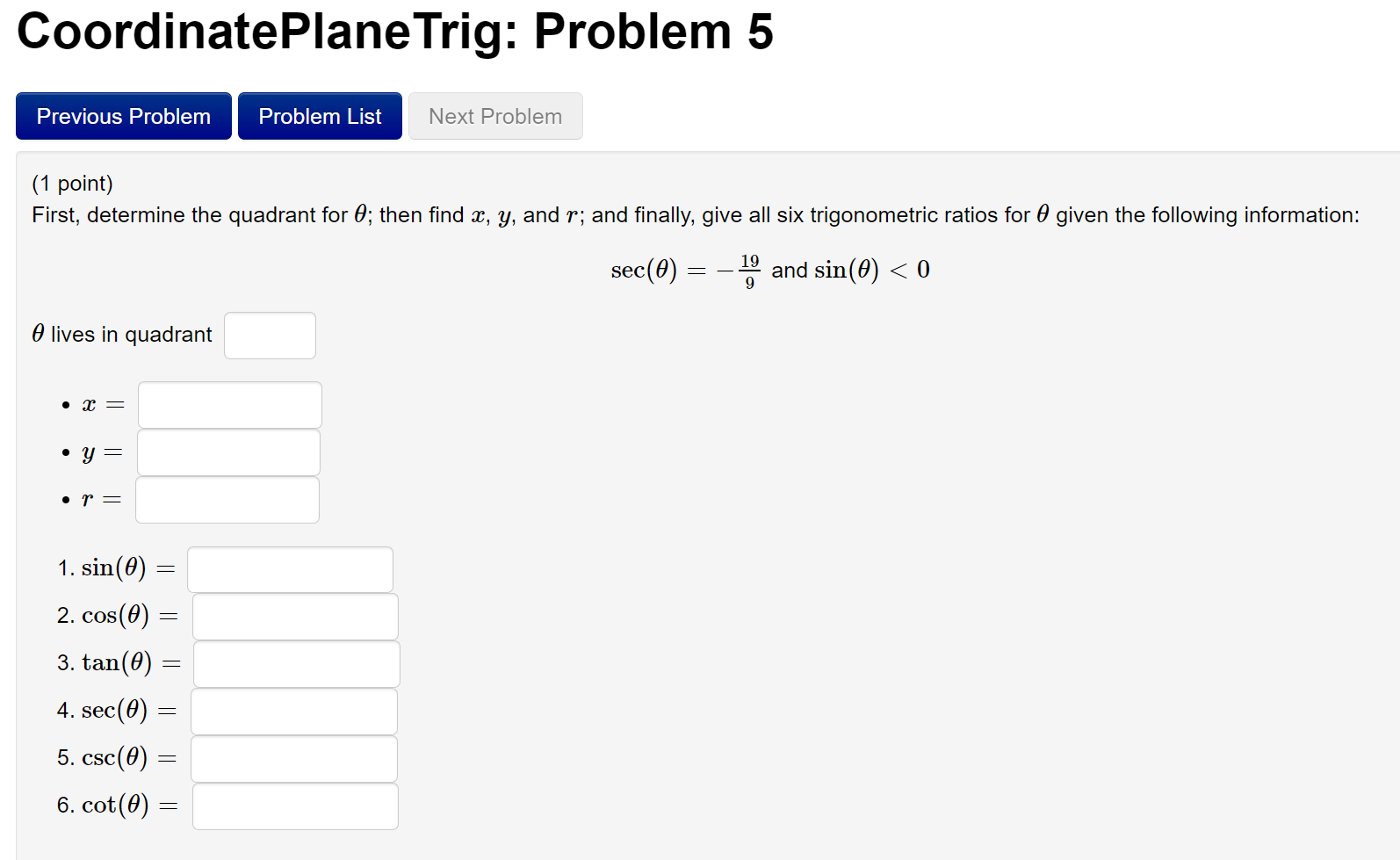 Solved CoordinatePlane Trig: Problem 5 Previous Problem | Chegg.com