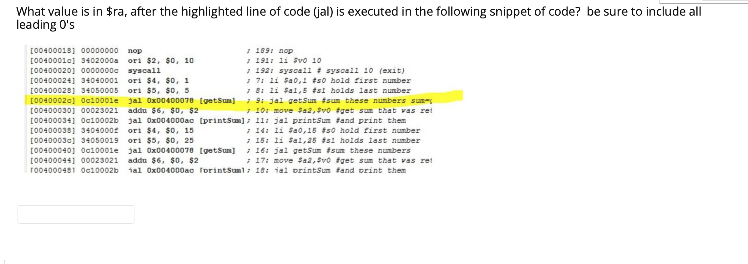 Solved What value is in $ra, after the highlighted line of | Chegg.com