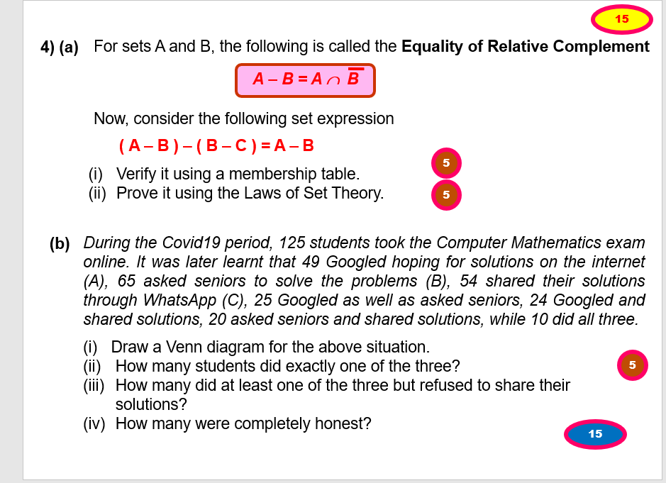 Solved 15 4) (a) For sets A and B, the following is called | Chegg.com