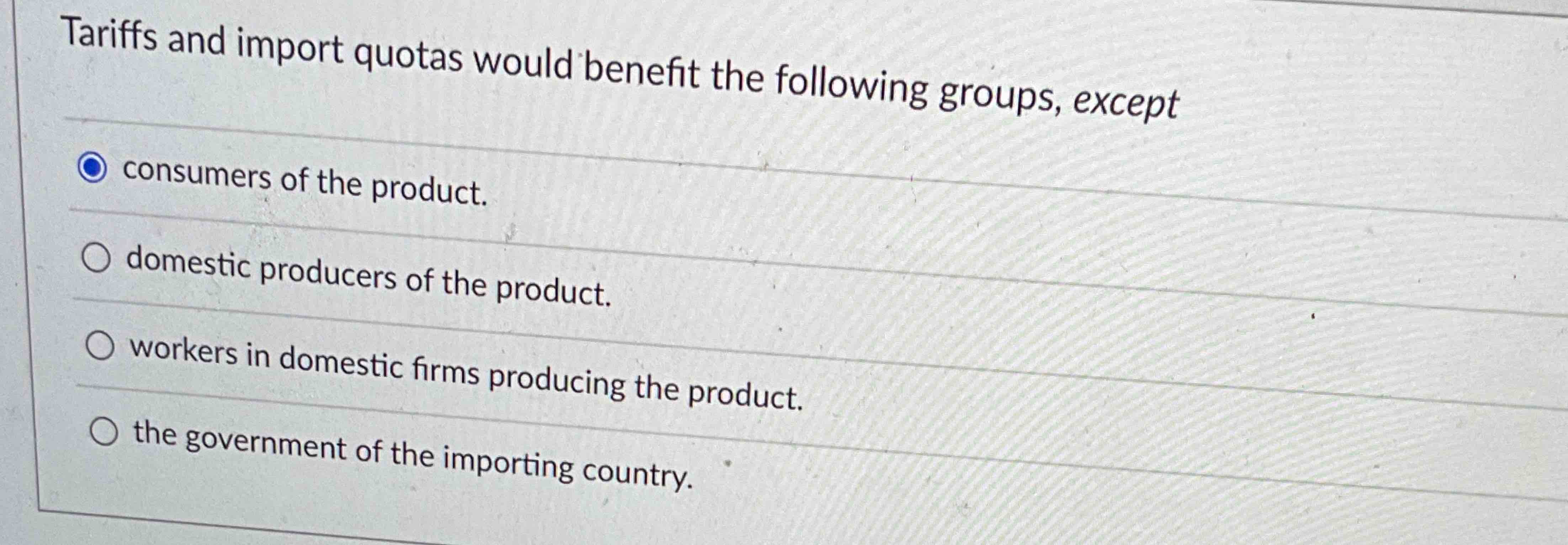 Solved Tariffs and import quotas would benefit the following | Chegg.com
