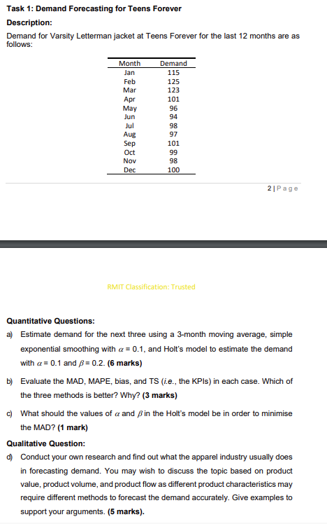 Solved Task 1: Demand Forecasting for Teens Forever | Chegg.com