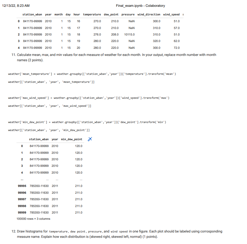 In this exam you will work with the weather dataset. | Chegg.com