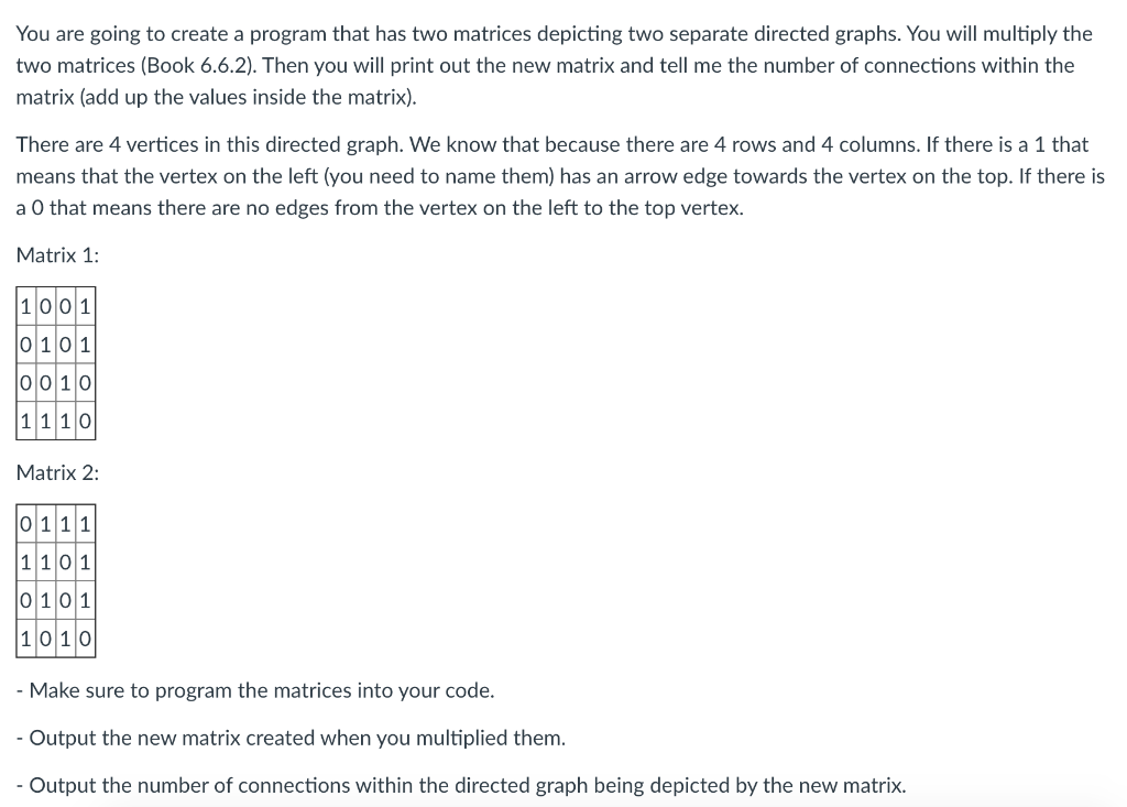 Solved JAVA program. Adjacency matrix for a directed | Chegg.com