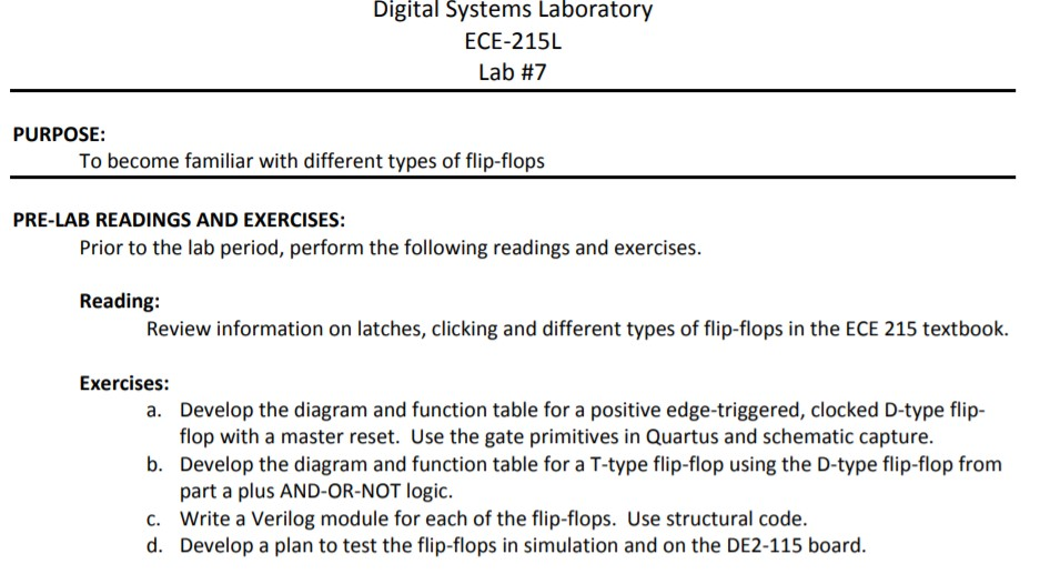 Solved Digital Systems Laboratory ECE-215L Lab #7 PURPOSE: | Chegg.com