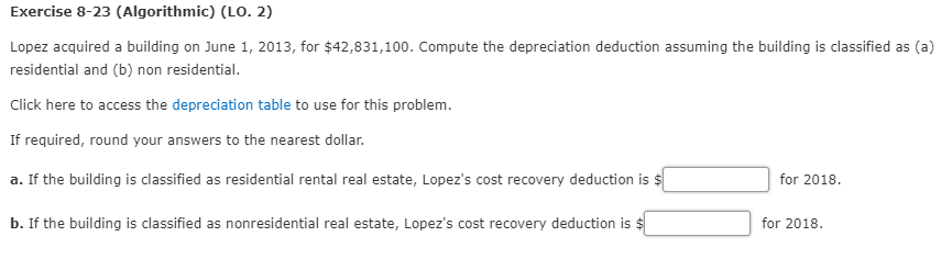 Solved Exercise 8-23 (Algorithmic) (LO. 2) Lopez acquired a | Chegg.com Solved Exercise 8-23 (Algorithmic) (LO. 2) Lopez acquired a | Chegg.com