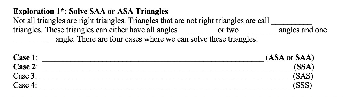 Solved Exploration 1*: Solve SAA or ASA Triangles Not all | Chegg.com