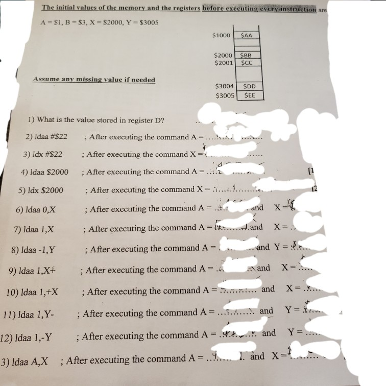 Solved The initial values of the memory and the registers | Chegg.com