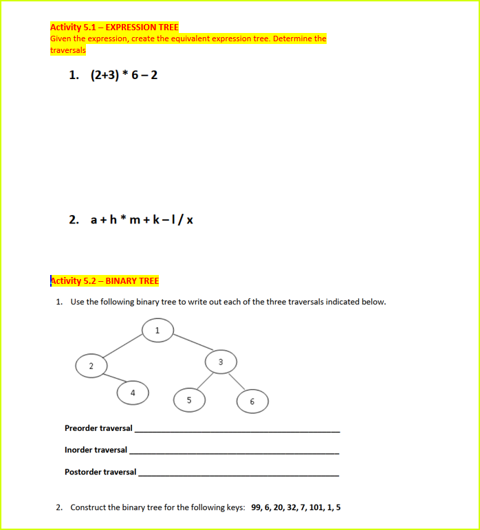 Solved Activity 5.1 - EXPRESSION TREE Given the expression, | Chegg.com