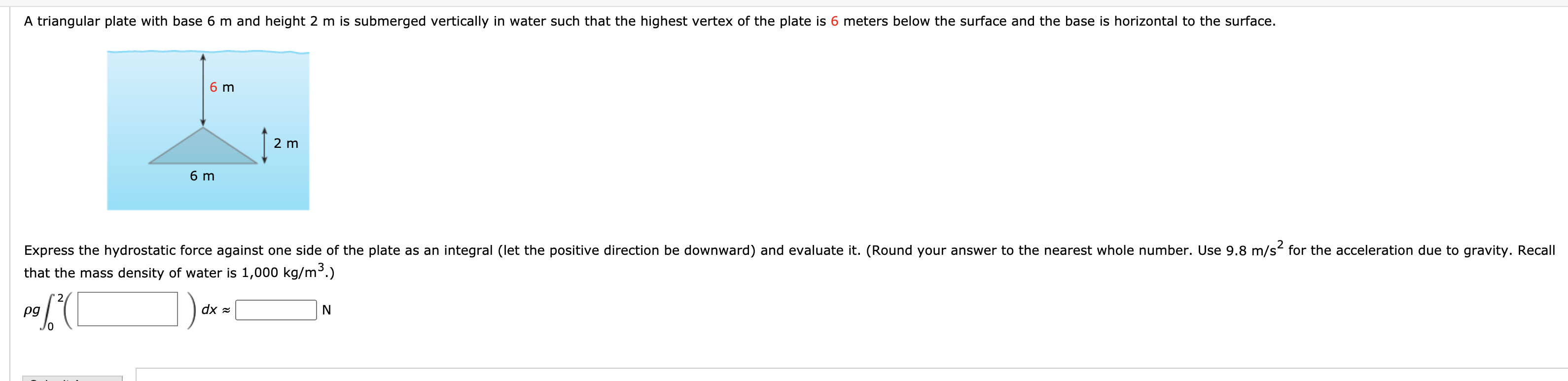 Solved A triangular plate with base 6 m and height 2 m is | Chegg.com