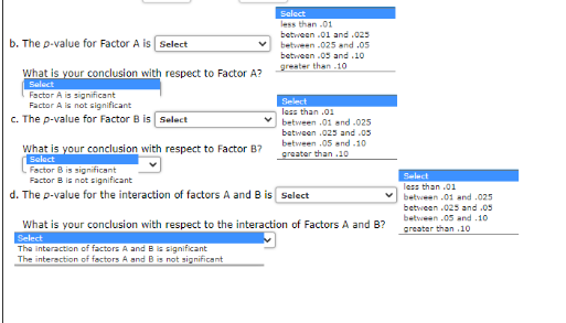 Solved The p-value for the interaction of factors A and B is | Chegg.com