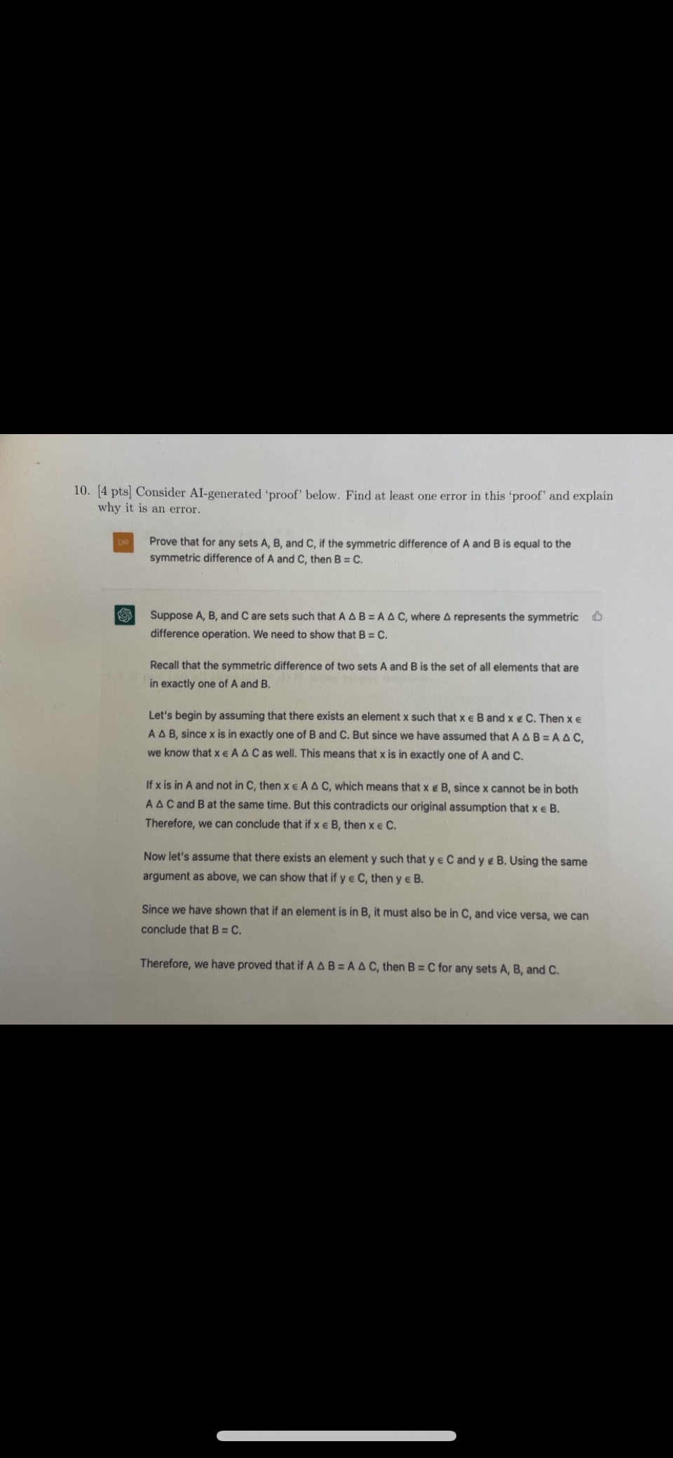 Solved 10. [4 pts] Consider AI-generated 'proof' below. Find | Chegg.com