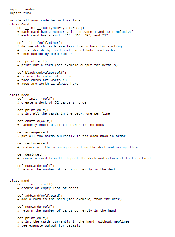 Write the methods for three classes (Card, Deck, and | Chegg.com