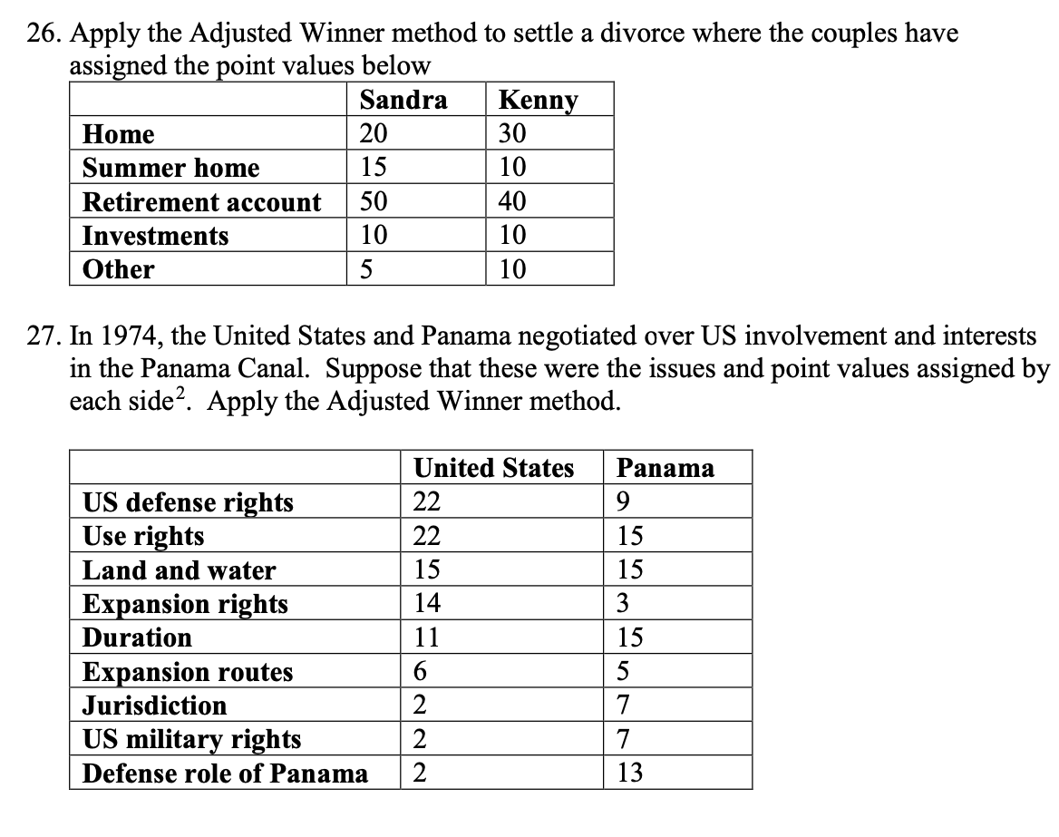 Solved 26. Apply the Adjusted Winner method to settle a | Chegg.com