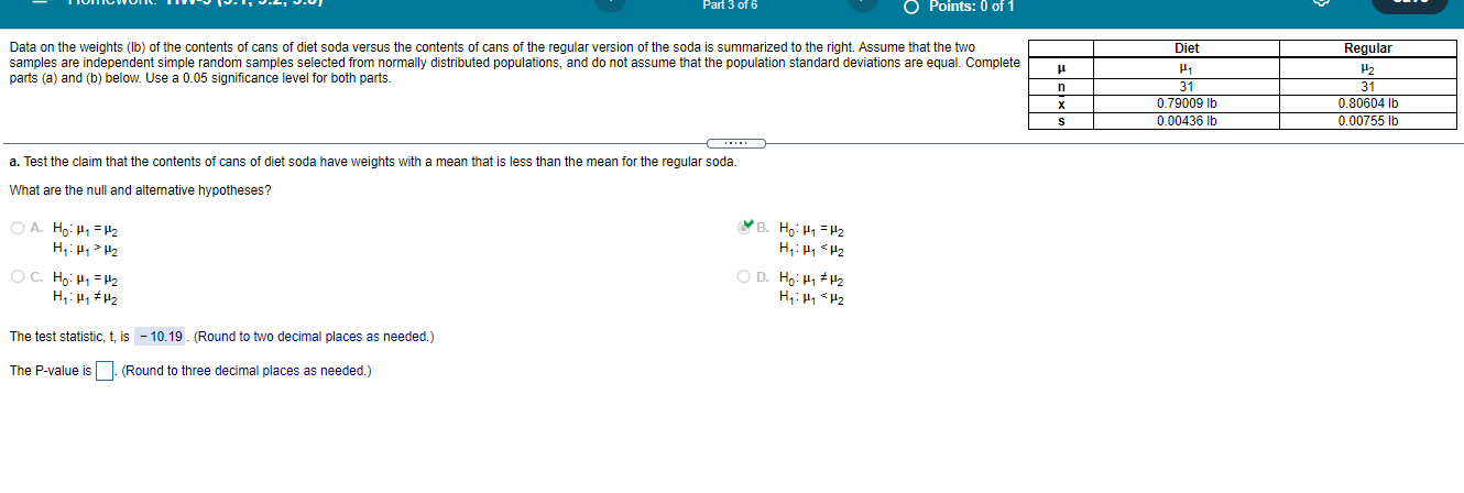 Solved Part 3 of 6 O Points: 0 of 1 Data on the weights (lb) | Chegg.com