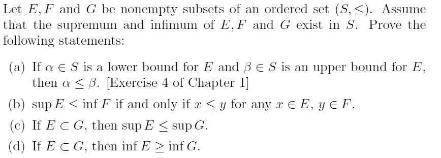 Solved Let E, F and G be nonempty subsets of an ordered set | Chegg.com