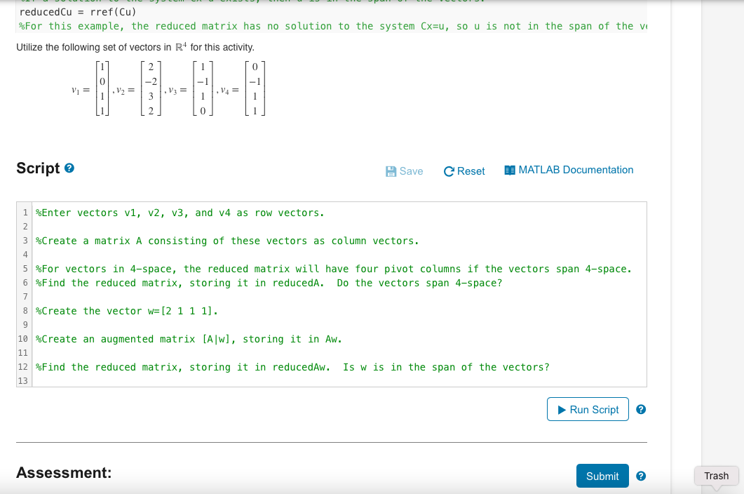 Solved 4.3.1: MATLAB: Span This tool is provided by a third | Chegg.com
