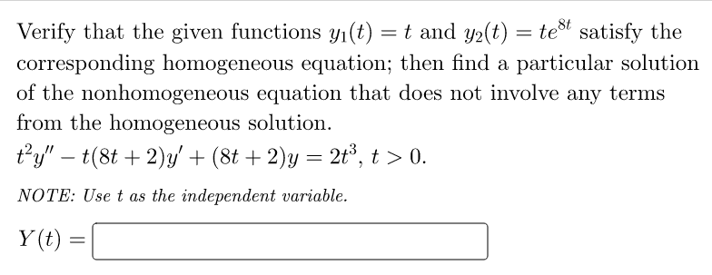 Solved Verify that the given functions y1(t)=t and | Chegg.com