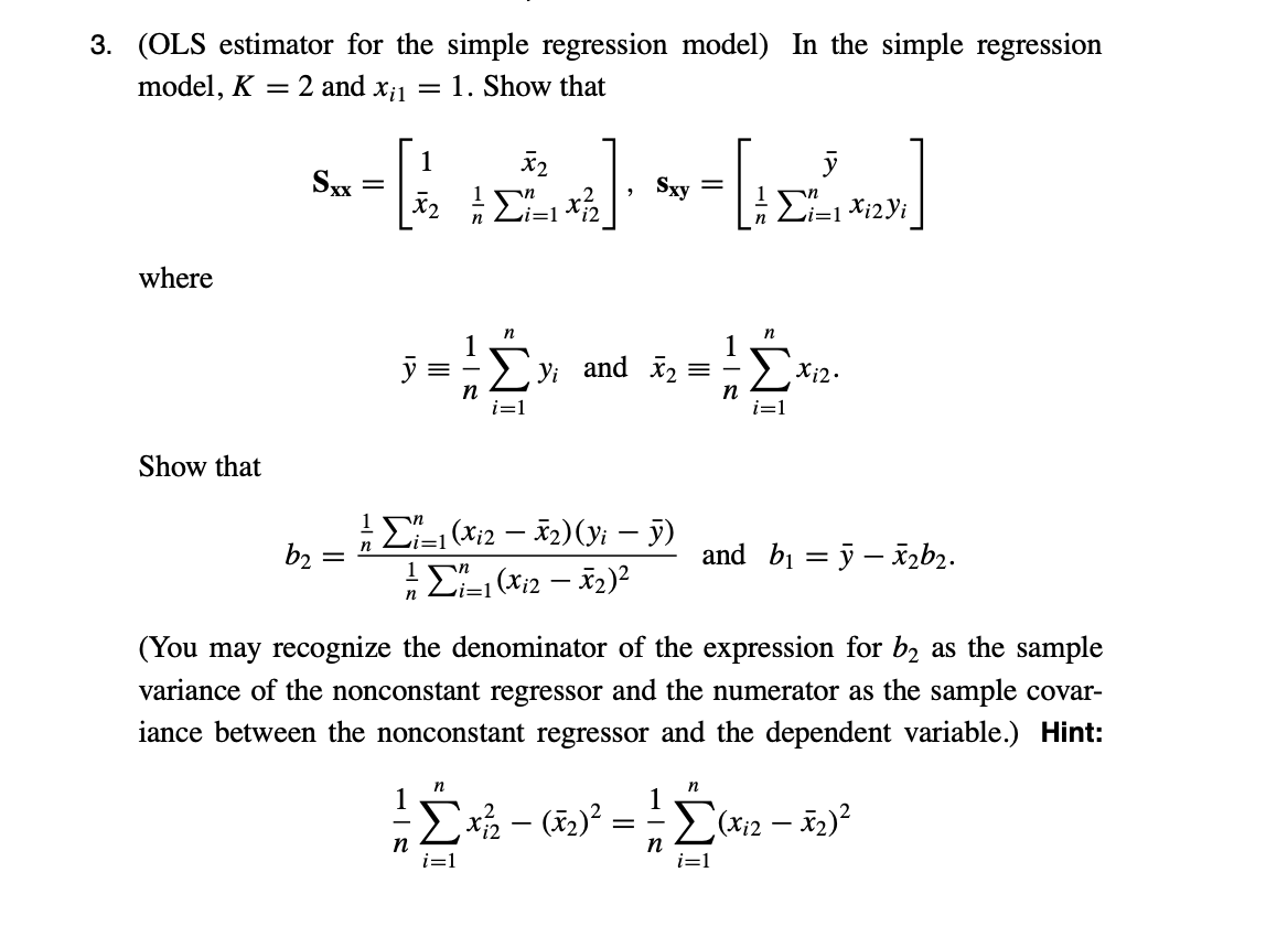 Solved 3. (OLS estimator for the simple regression model) In | Chegg.com